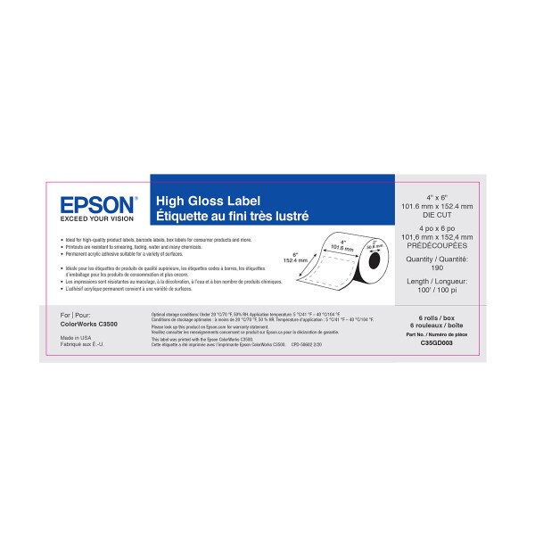 Epson ColorWorks High Gloss Label, 4" x 6" Die Cut, 190 Labels/Roll